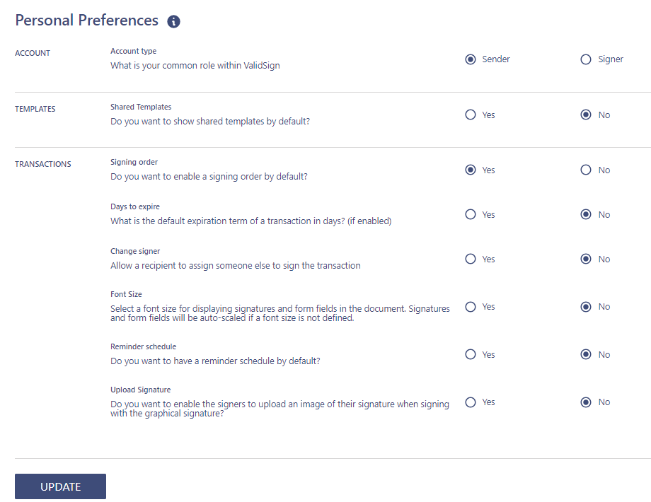 Personal preferences – ValidSign Support Center